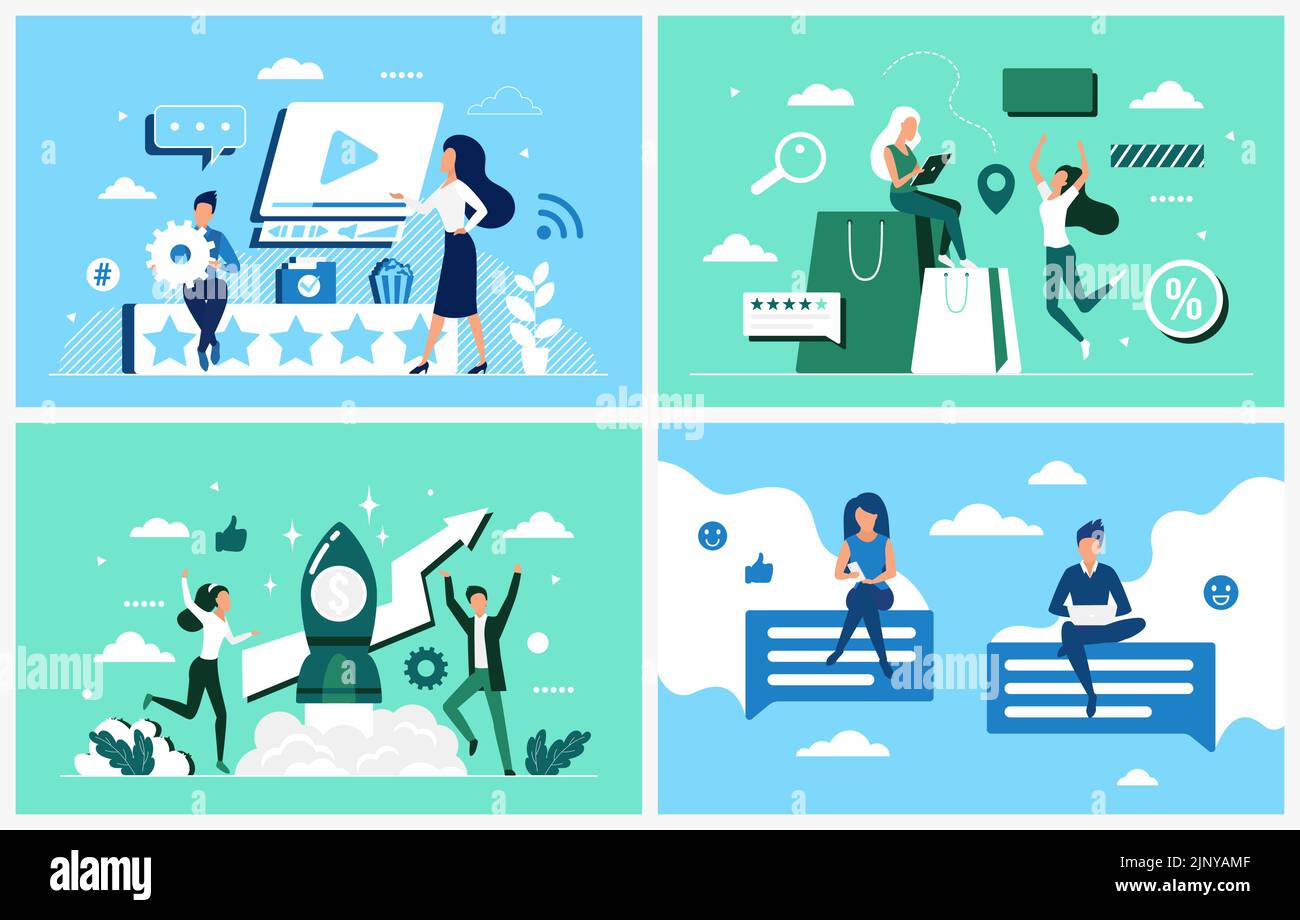 Social media marketing and online startup strategy set. Cartoon tiny ...