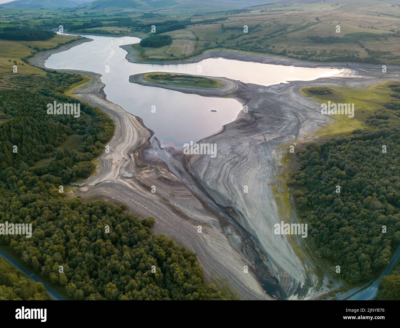 Drought conditions are shown through drone shots of Stocks Reservoir ...
