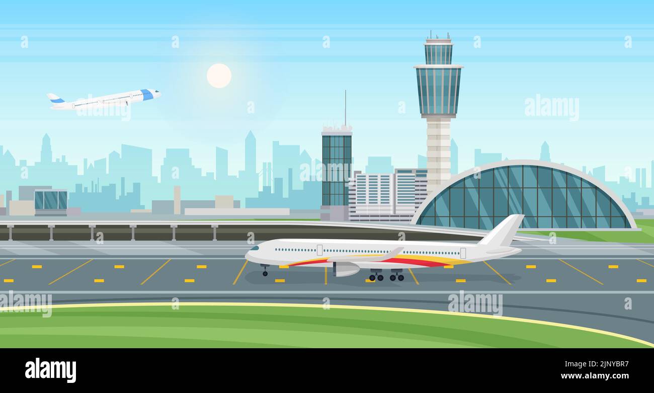 Vector airport landscape. Airport Terminal building with aircraft ...