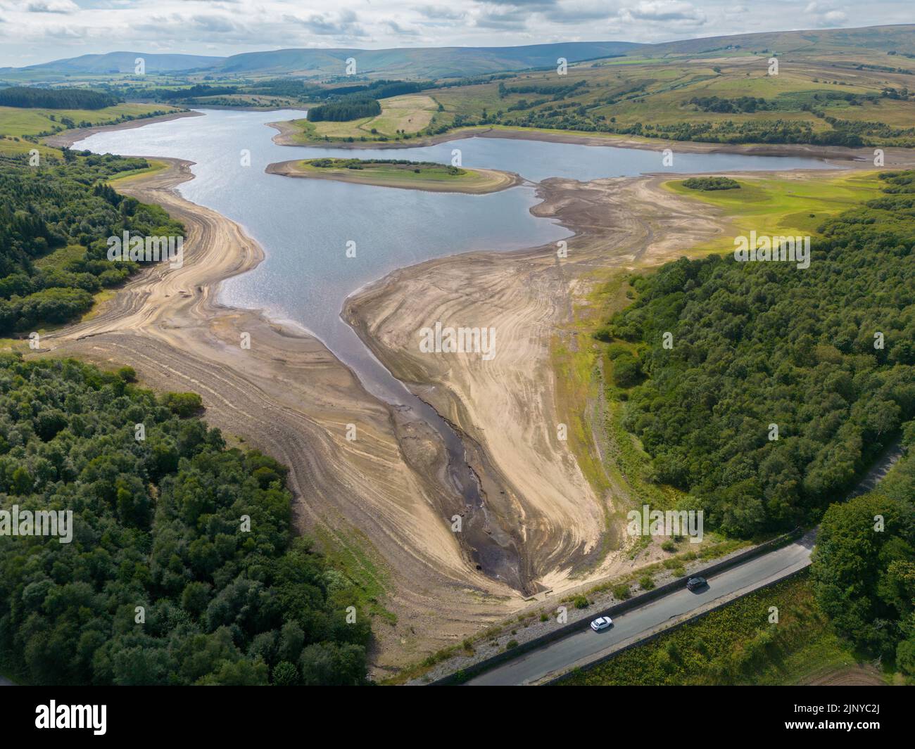 Drought conditions are shown through drone shots of Stocks Reservoir ...