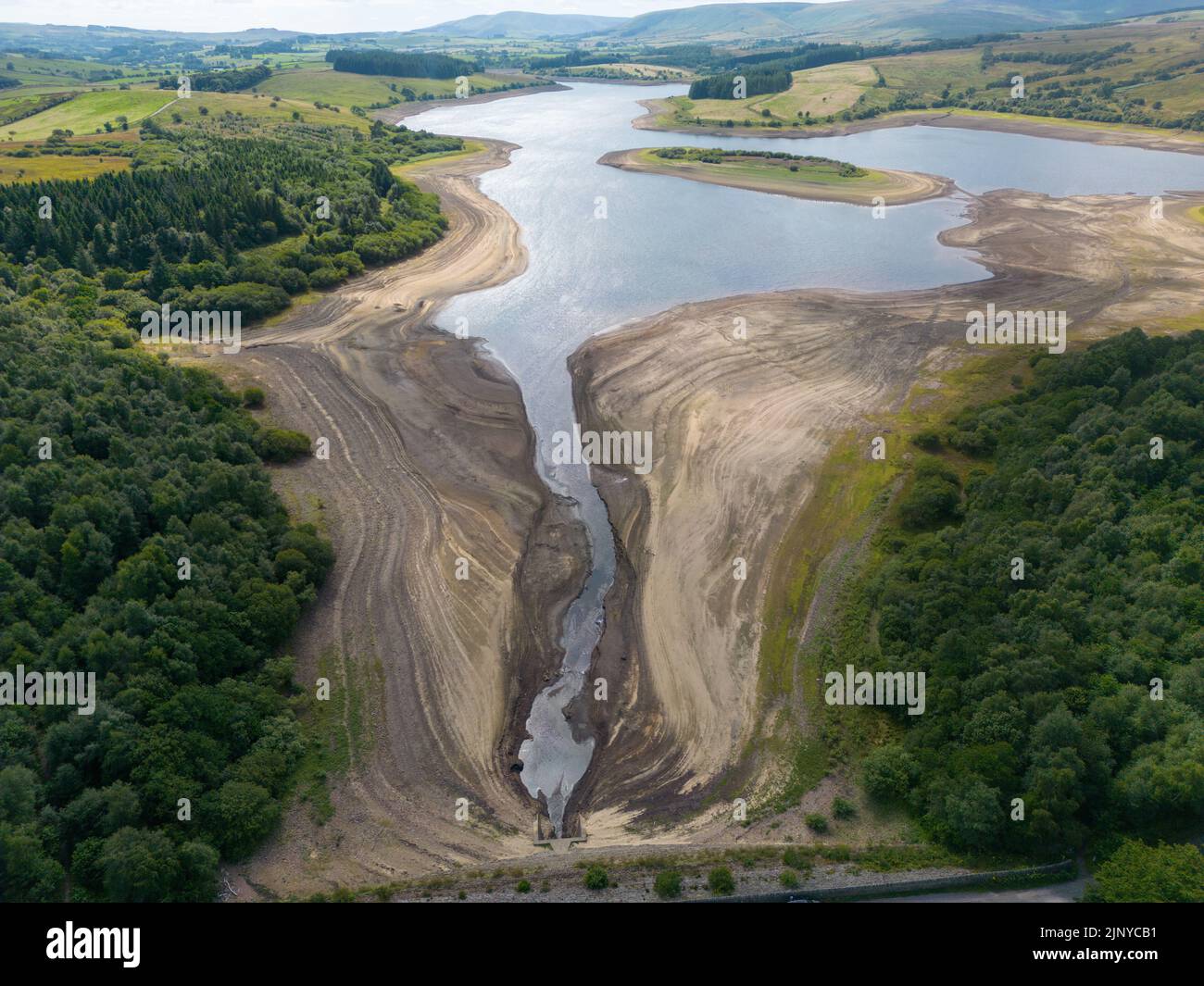 Drought conditions are shown through drone shots of Stocks Reservoir ...