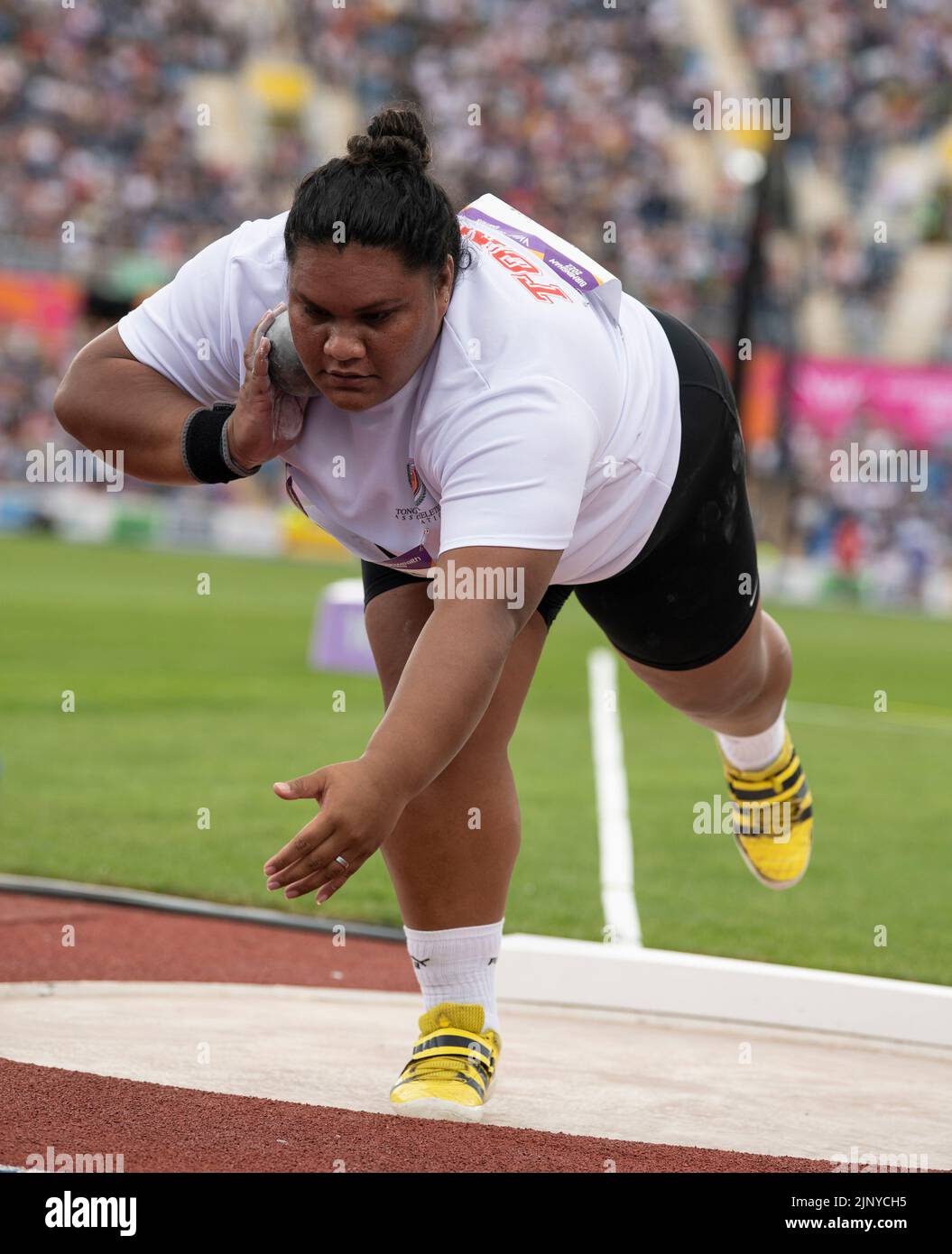 Ata Maama Tuutafaiva of Tonga competing in the women’s shot put heats ...
