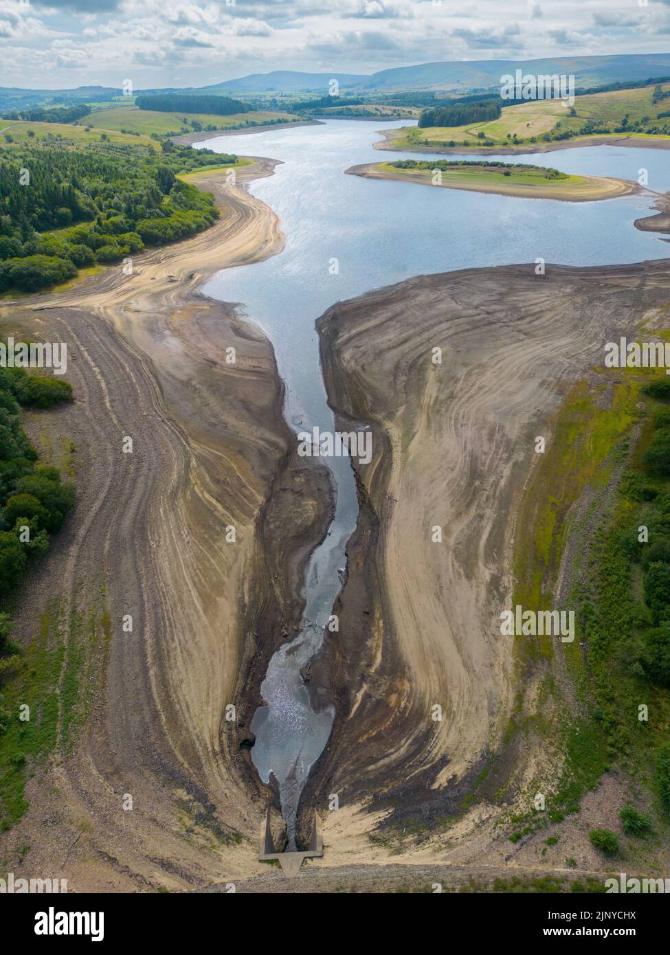Drought conditions are shown through drone shots of Stocks Reservoir ...