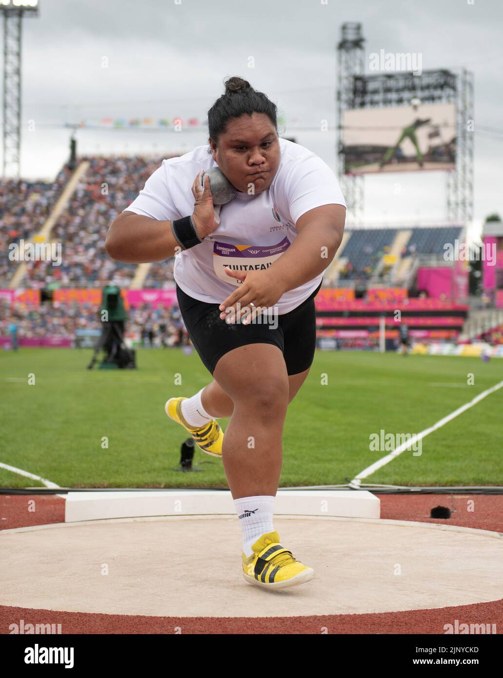 Ata Maama Tuutafaiva of Tonga competing in the women’s shot put heats ...