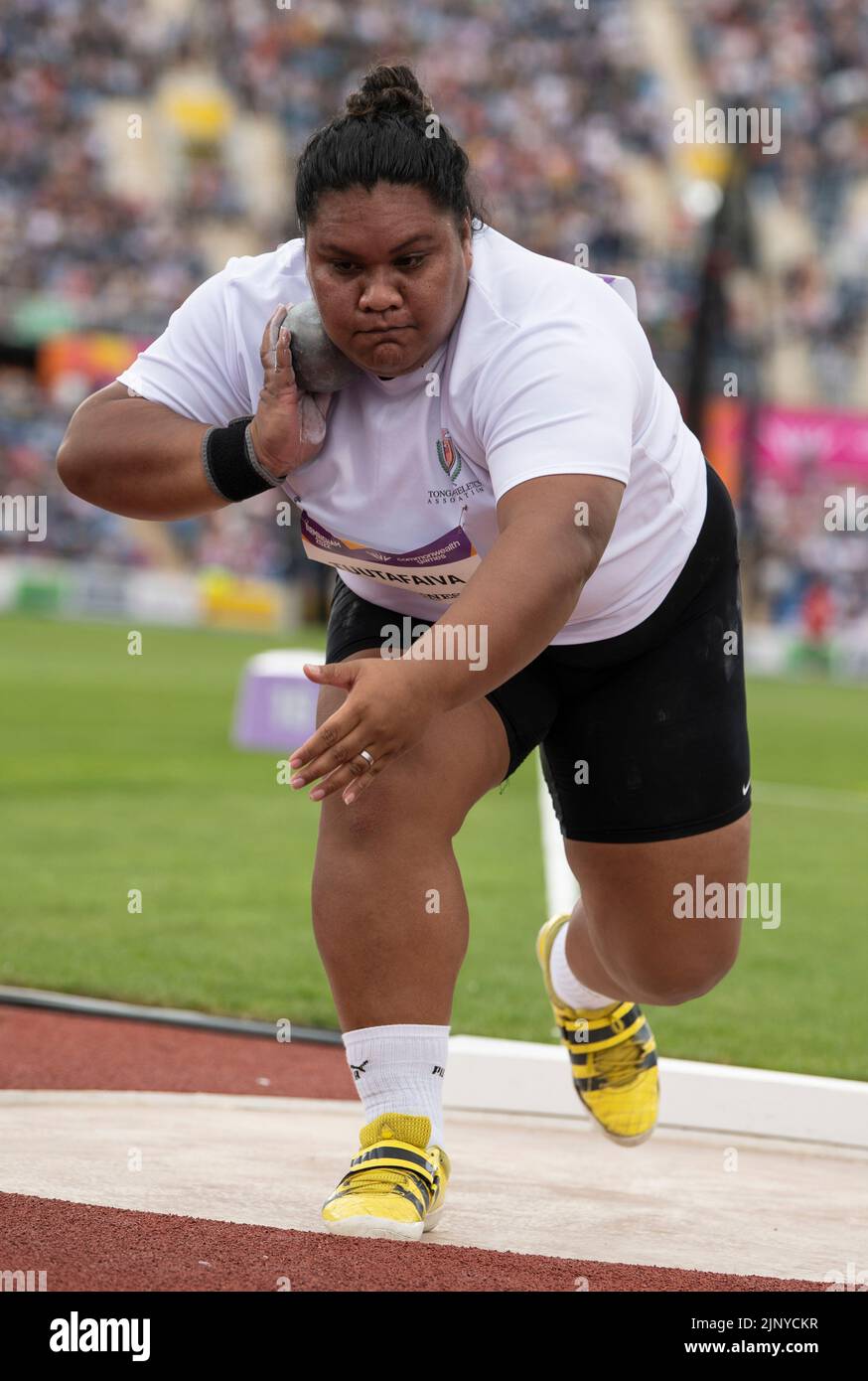 Ata Maama Tuutafaiva of Tonga competing in the women’s shot put heats ...