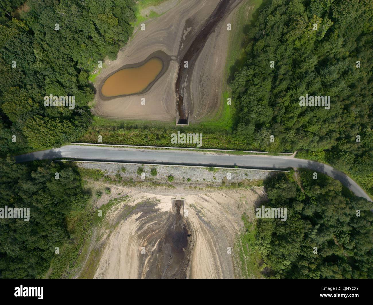 Drought conditions are shown through drone shots of Stocks Reservoir ...