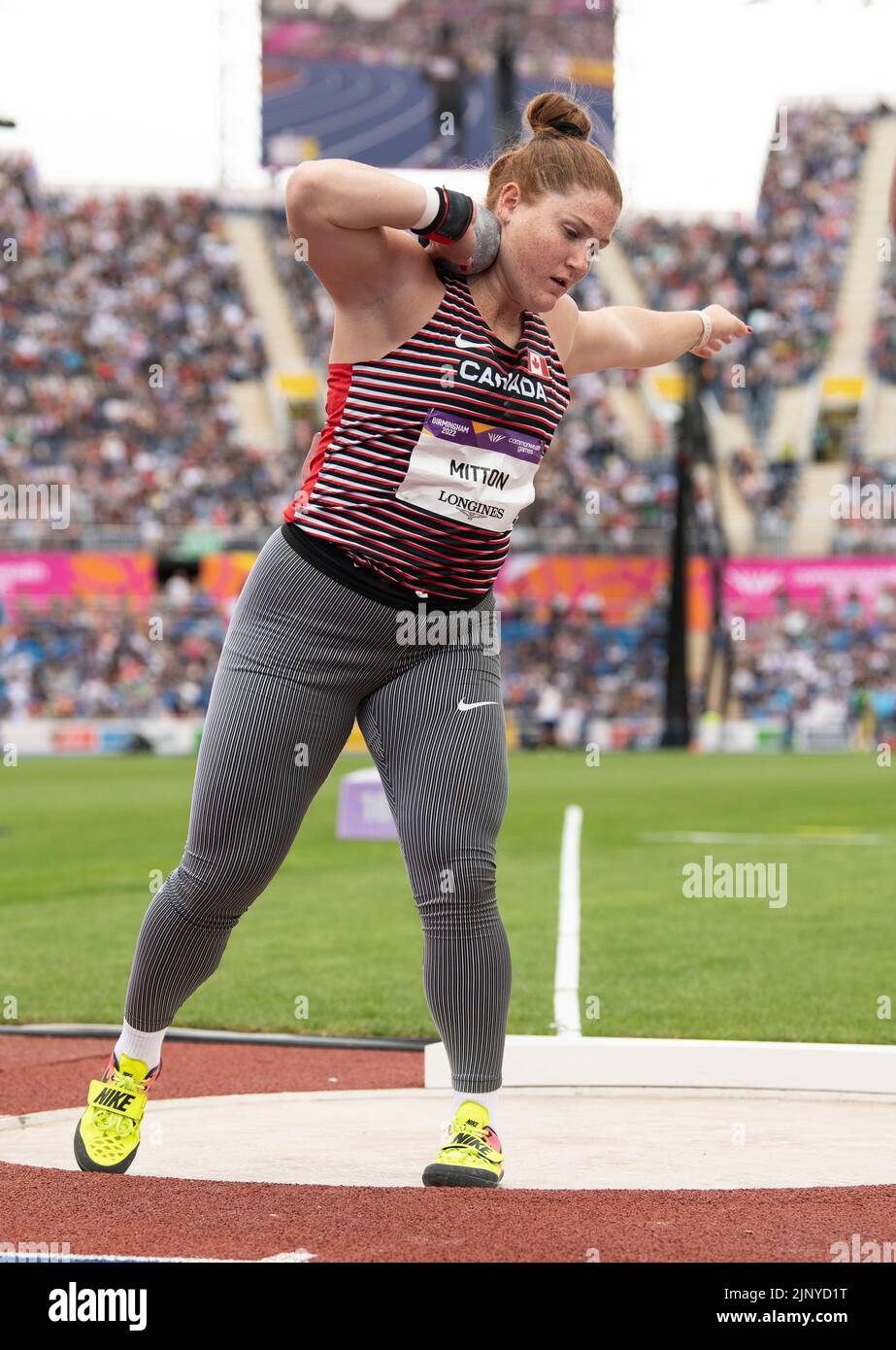 Sarah Mitton of Canada competing in the women’s shot put heats at the ...