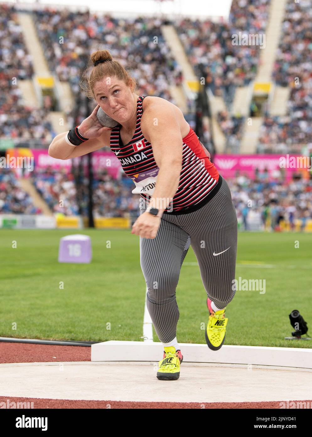 Sarah Mitton of Canada competing in the women’s shot put heats at the ...