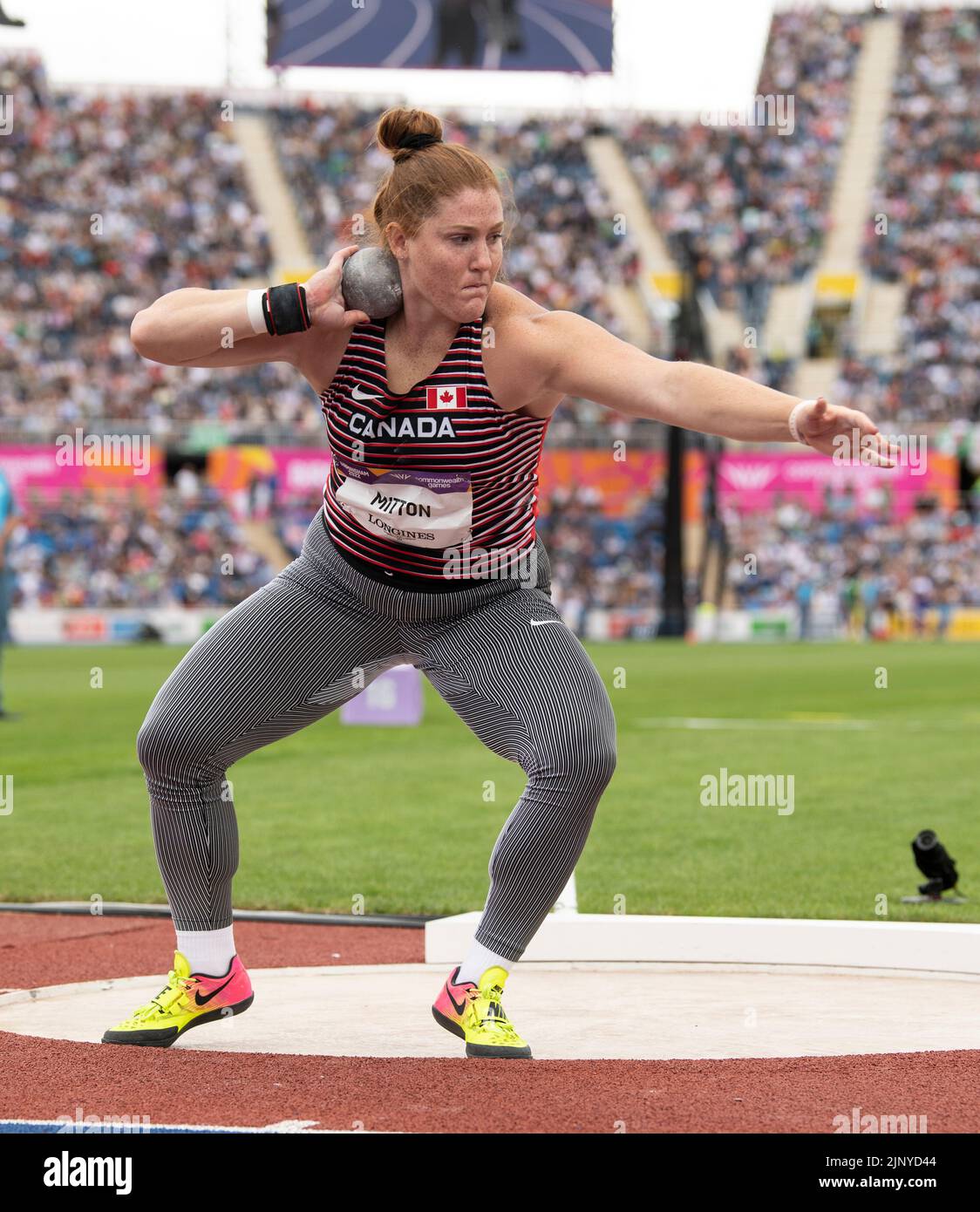Sarah Mitton of Canada competing in the women’s shot put heats at the ...