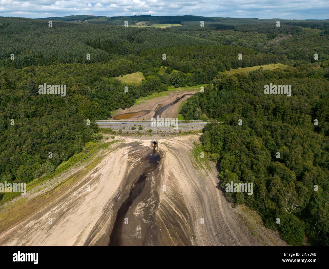 Drought conditions are shown through drone shots of Stocks Reservoir ...