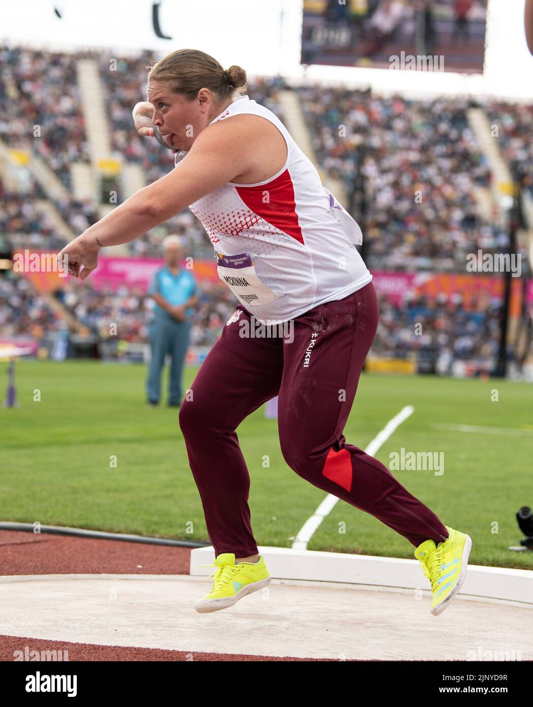 Sophie McKinna of England competing in the women’s shot put heats at ...