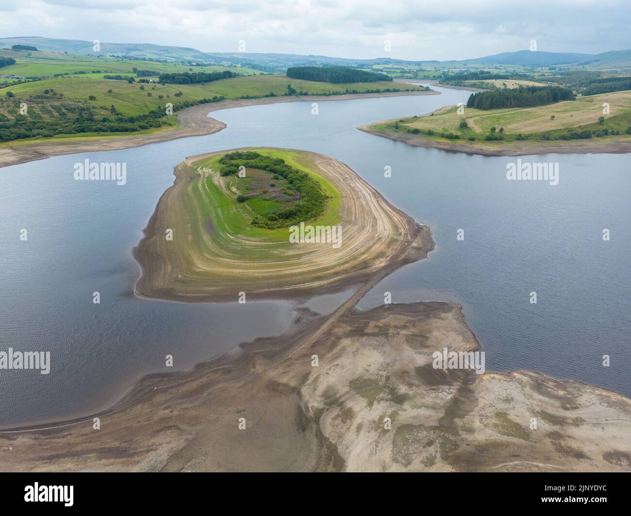 Drought conditions are shown through drone shots of Stocks Reservoir ...