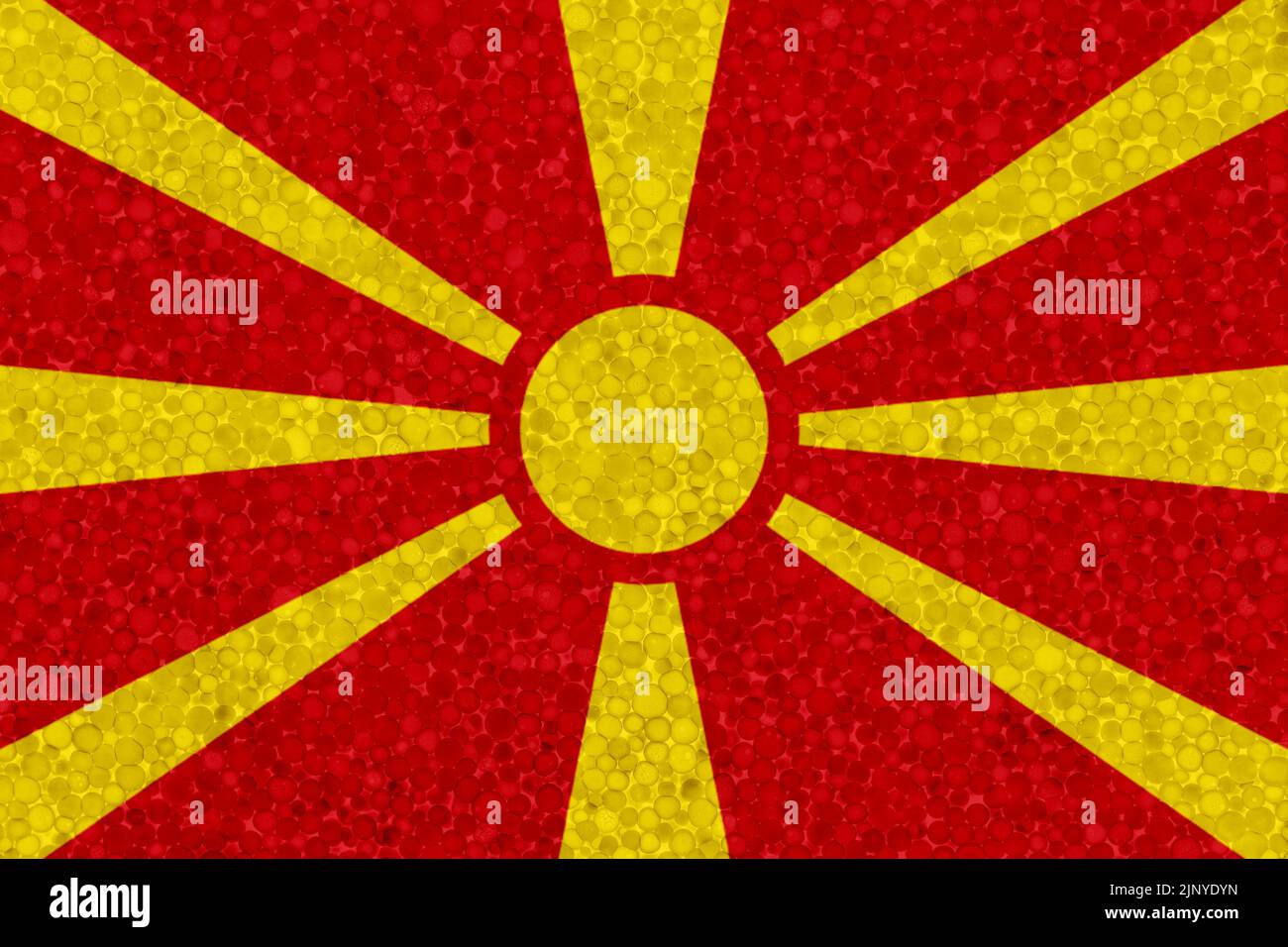 North Macedonia flag on styrofoam texture. national flag painted on the ...