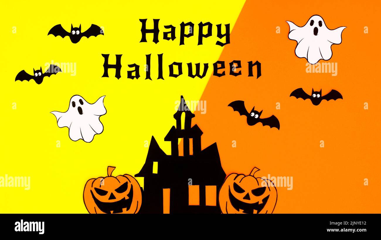 Halloween yellow orange background with Happy Halloween text and creepy ...