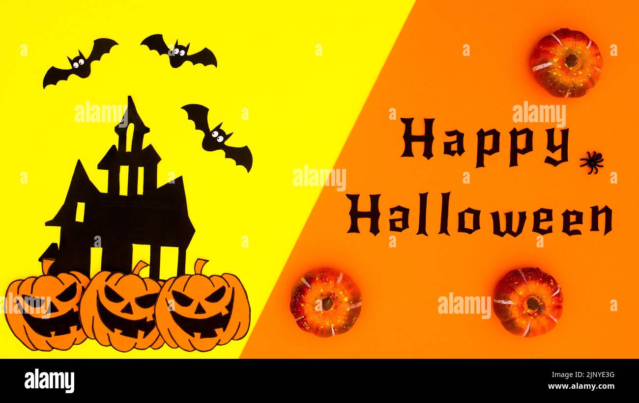 Halloween yellow orange background with Happy Halloween text and creepy ...