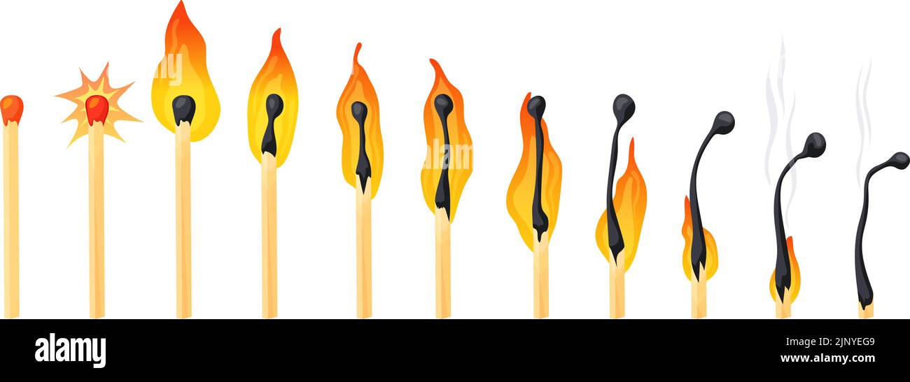 Burning match animation. Burn matches stages, burned flame matchstick ...