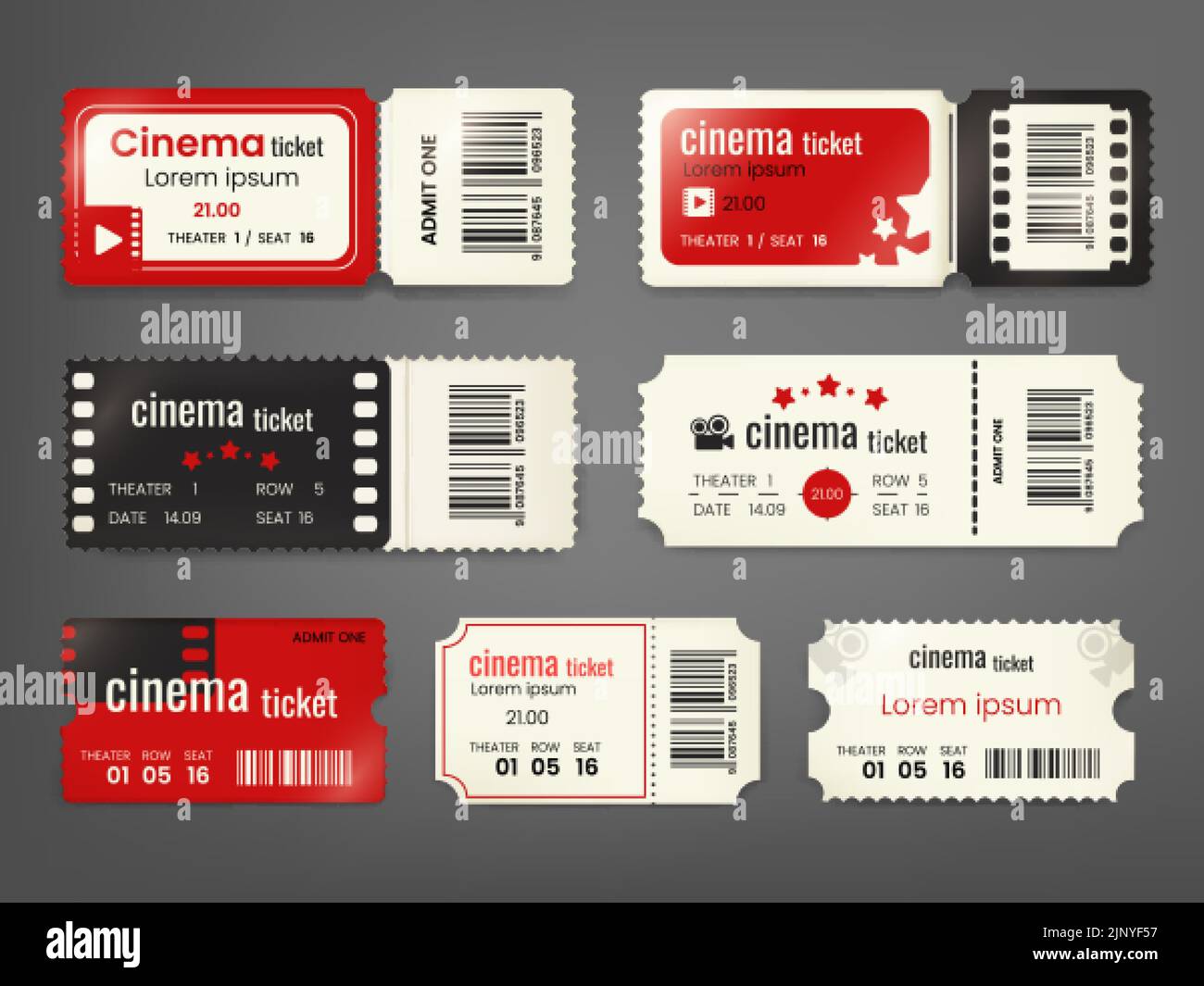 Realistic cinema tickets. 3d movies ticket mockup, present certificate ...