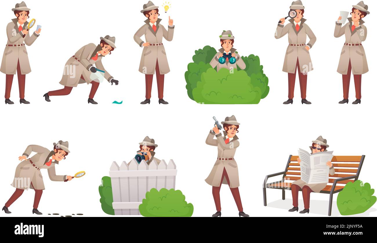 Detective woman. Cartoon sleuth mystery girl female inspector with ...