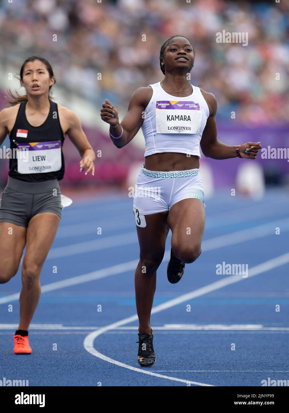 Hafsatu Kamara of Sierra Leone competing in the women’s 100m heats at ...