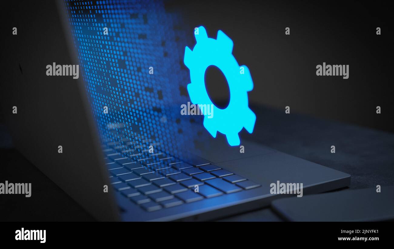 Settings icon concept appearing laptop hologram style 3D Render Stock ...