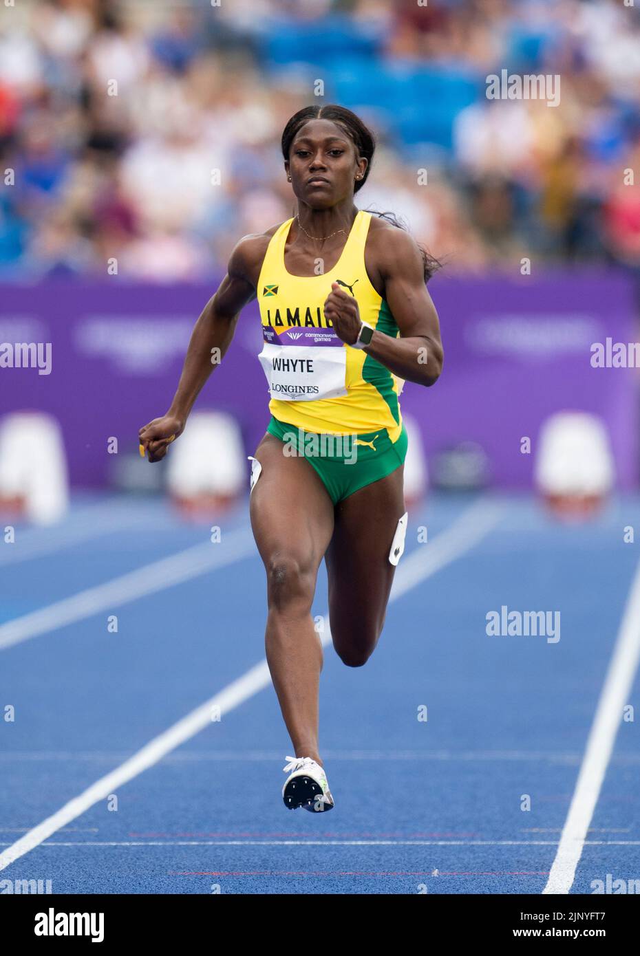 Natalliah Whyte of Jamaica competing in the women’s 100m heats at the ...