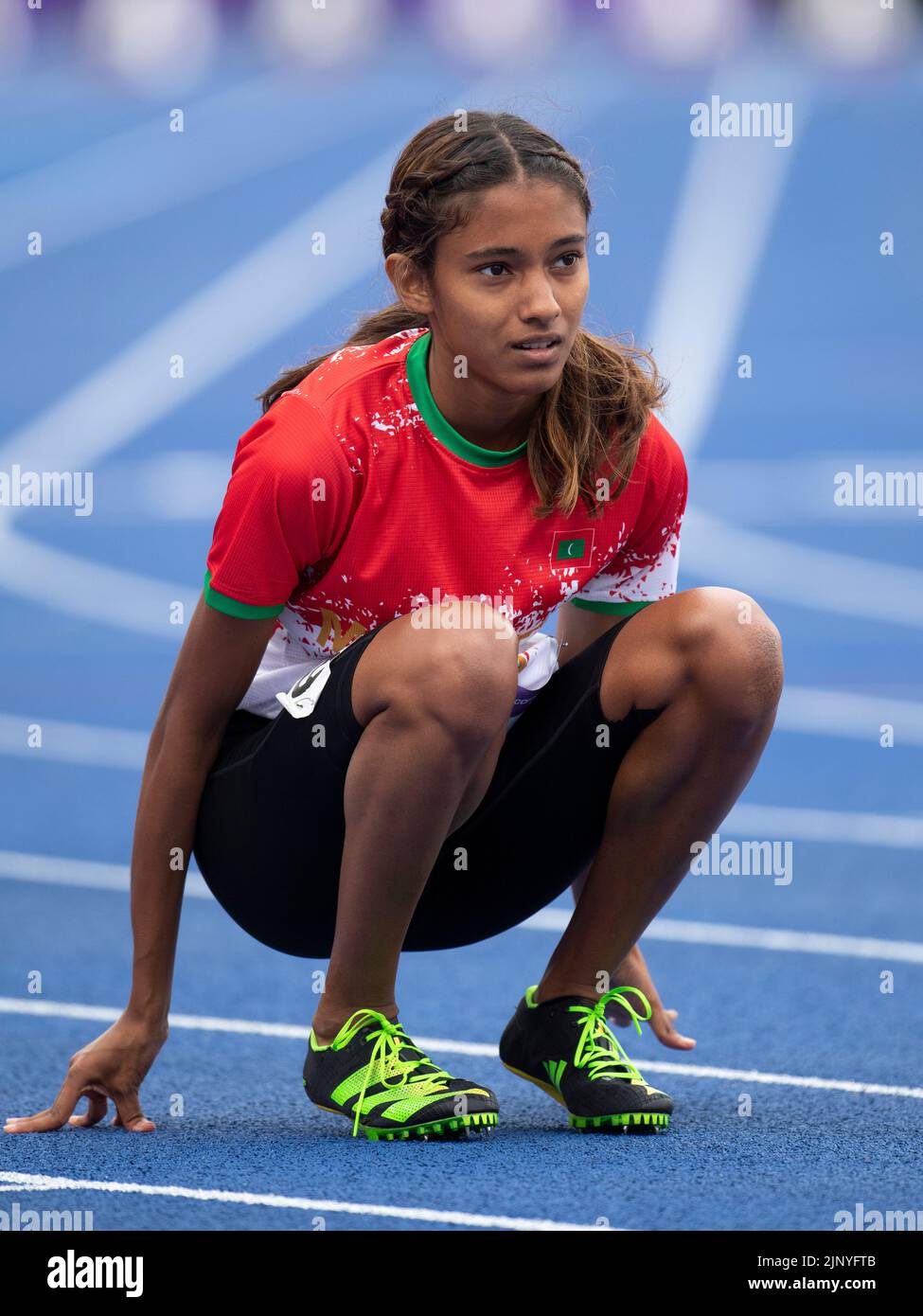 Mariyam Ru Ya Ali of the Maldives competing in the women’s 100m heats ...