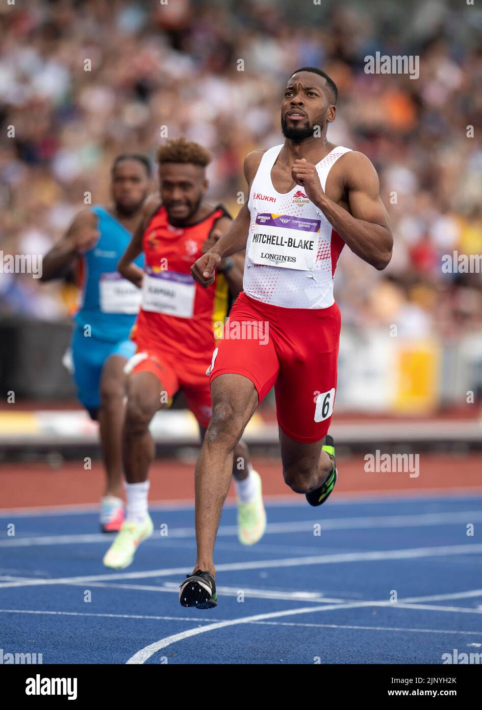 Nethaneel Mitchell-Blake of England competing in the men’s 100m heats ...