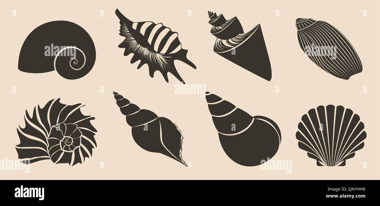 Seashell dark black silhouettes set isolated. Sea shell vector ...