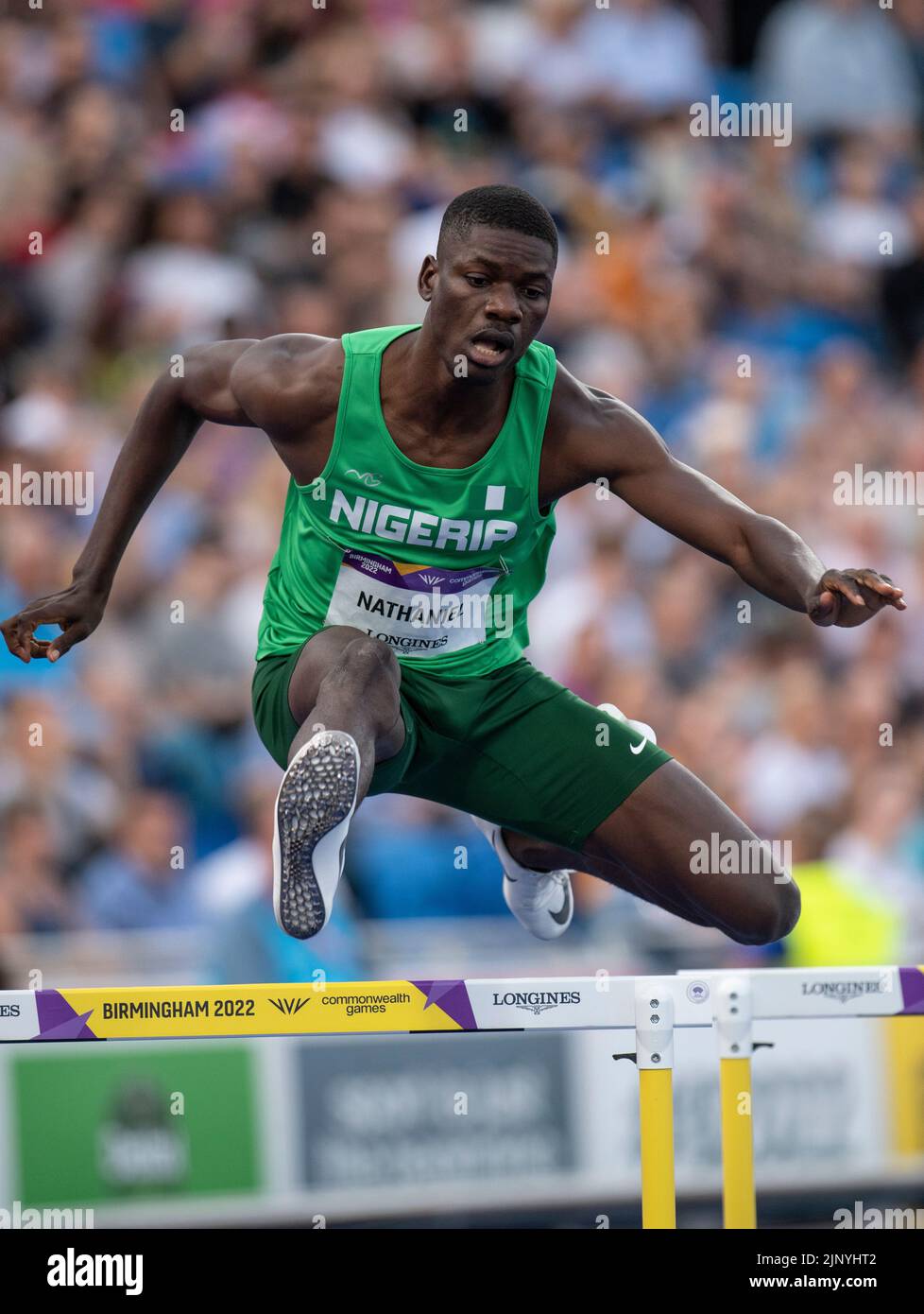 Ezekiel Nathaniel of Nigeria competing in the men’s 400m hurdles at the Commonwealth Games at ...