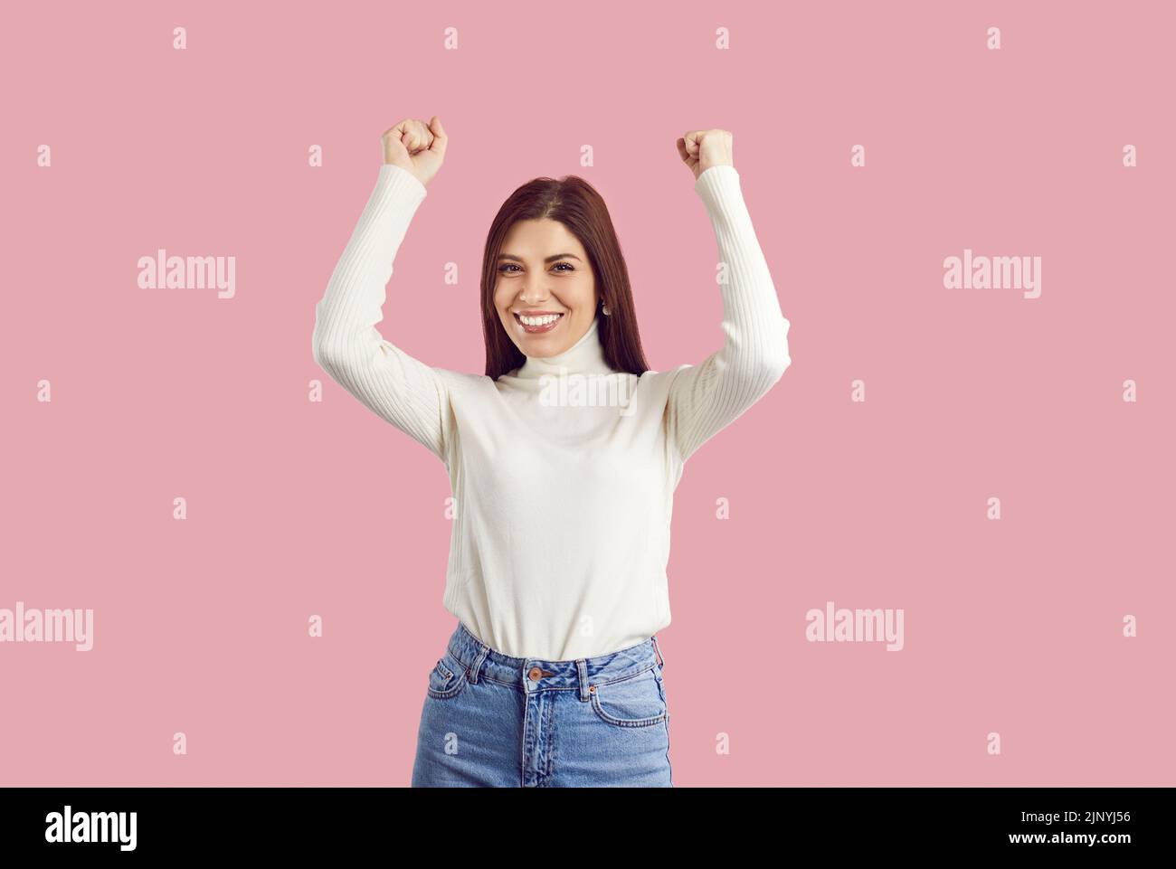 Excited woman make yes hand gesture Stock Photo - Alamy