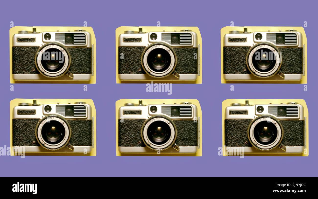 Pattern collage of retro styled analog cameras isolated on blue ...