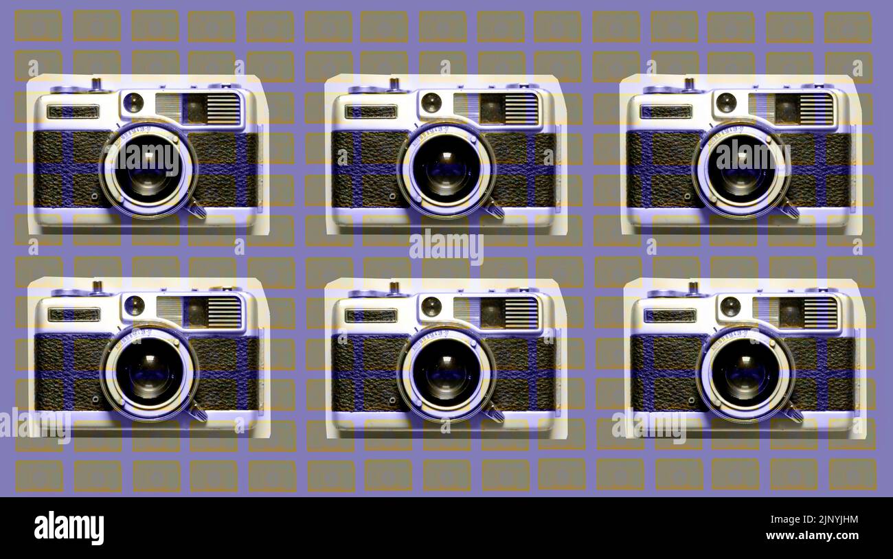 Pattern collage of retro styled analog cameras isolated on blue ...