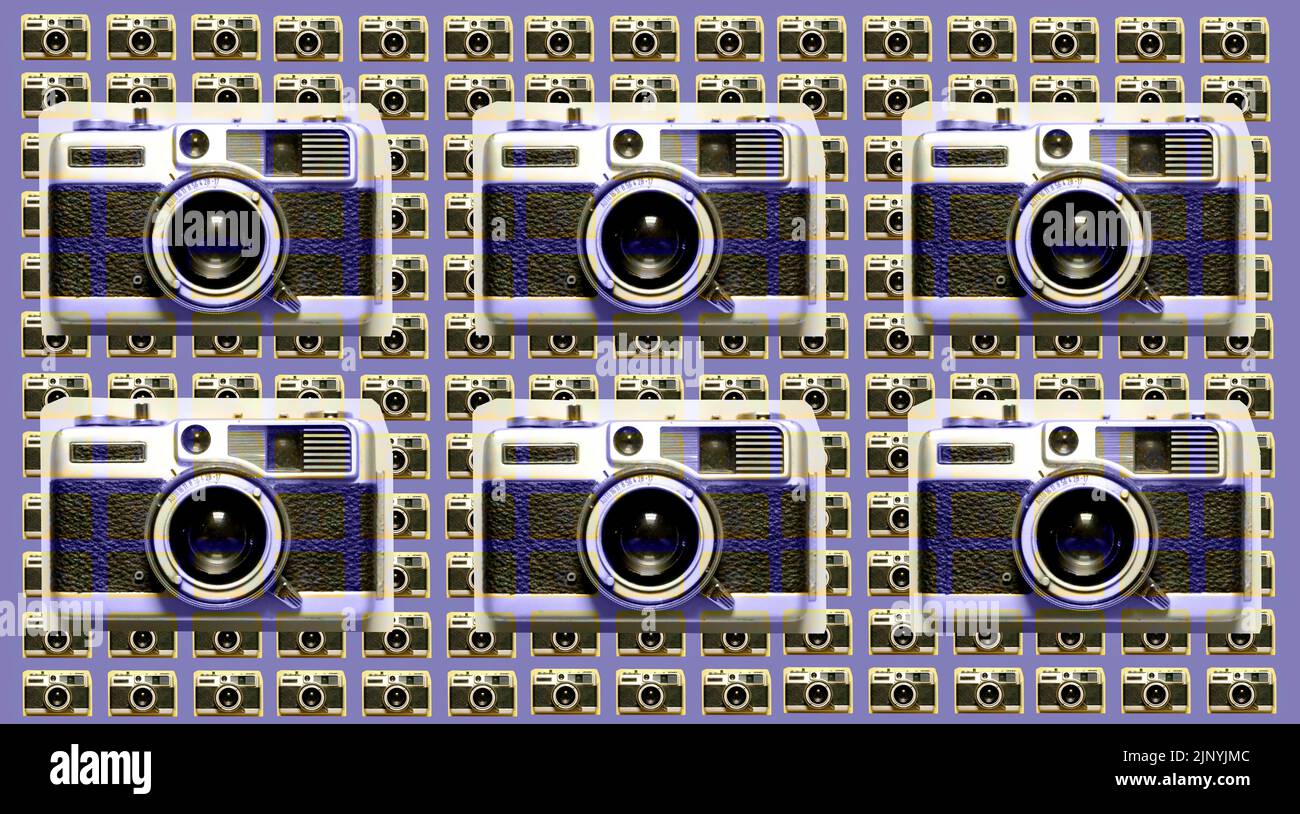 Pattern collage of retro styled analog cameras isolated on blue ...