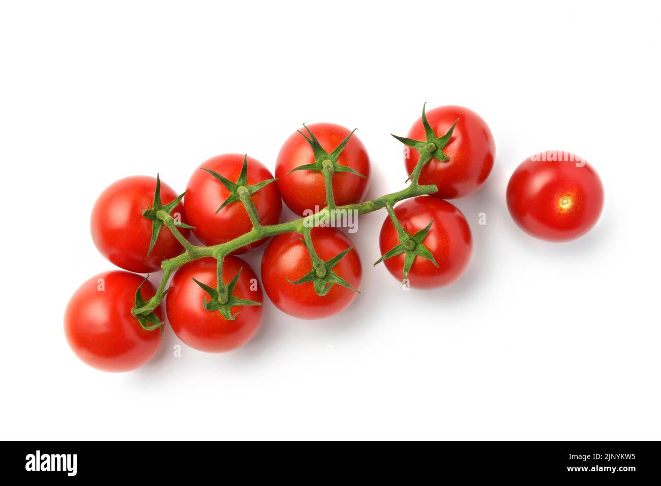 Bunch of fresh, red tomatoes with green stems isolated on white ...