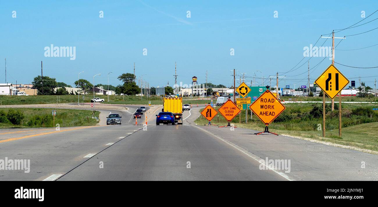 EMPORIA, KANSAS - AUGUST 11, 2022 Warning signs are posted on the right ...