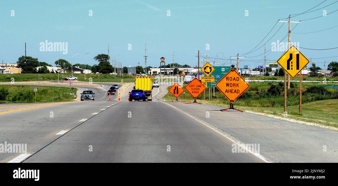 EMPORIA, KANSAS - AUGUST 11, 2022 Warning signs are posted on the right ...