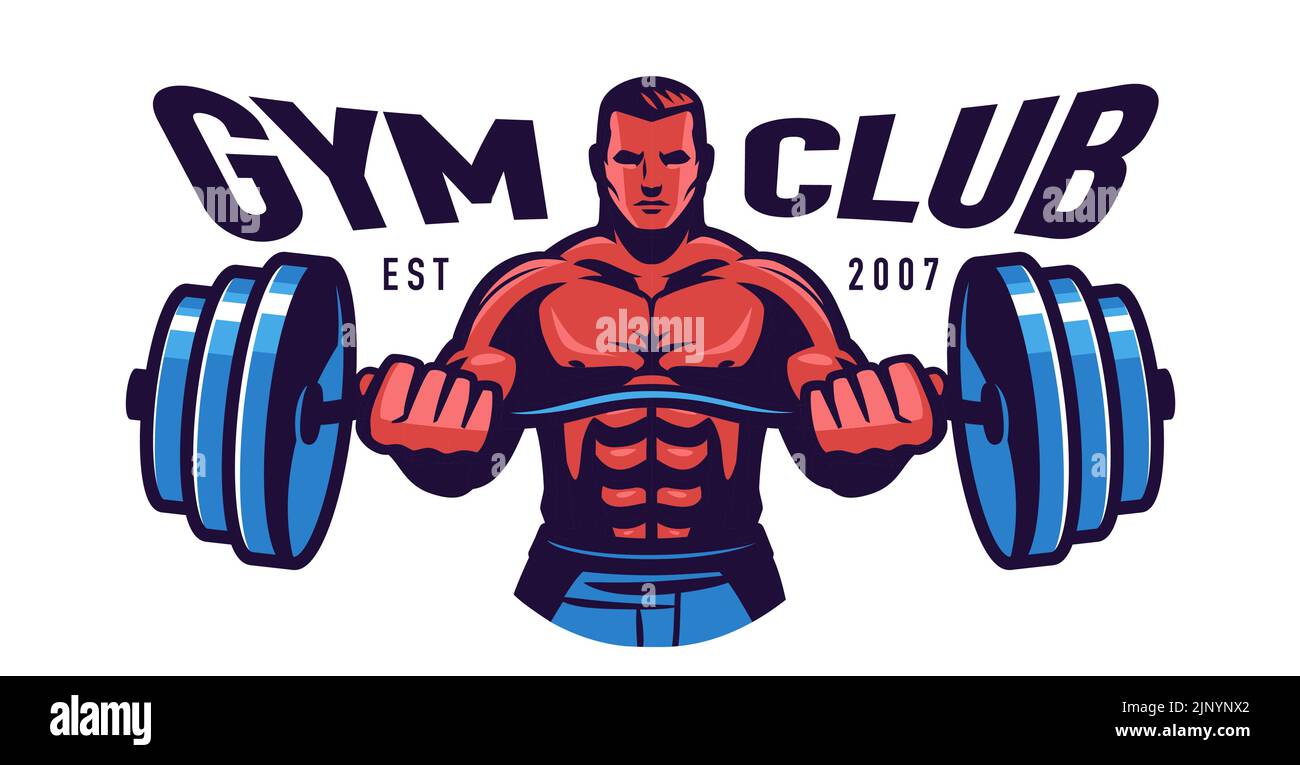 Muscular man with heavy barbell emblem. Gym, bodybuilding, fitness logo. Sport weightlifting ...