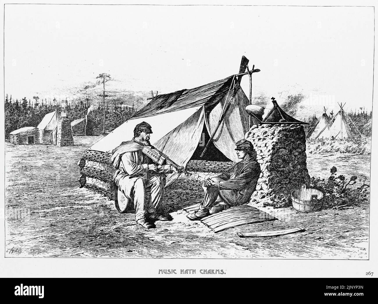 Music Hath Charms. Union Army soldier playing a box violin. 19th ...