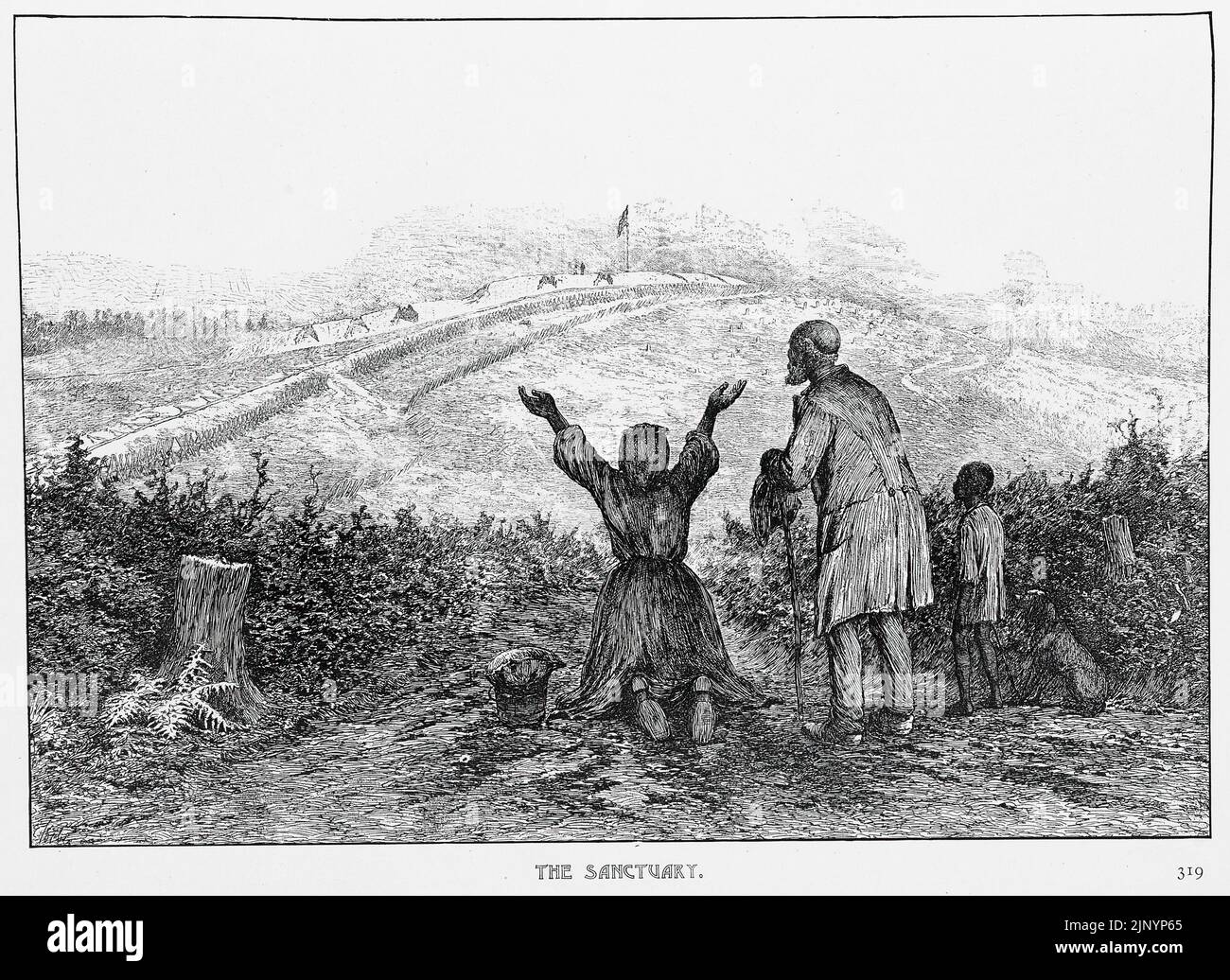 The Sanctuary. Escaped Black slave family coming into sight of a Union ...