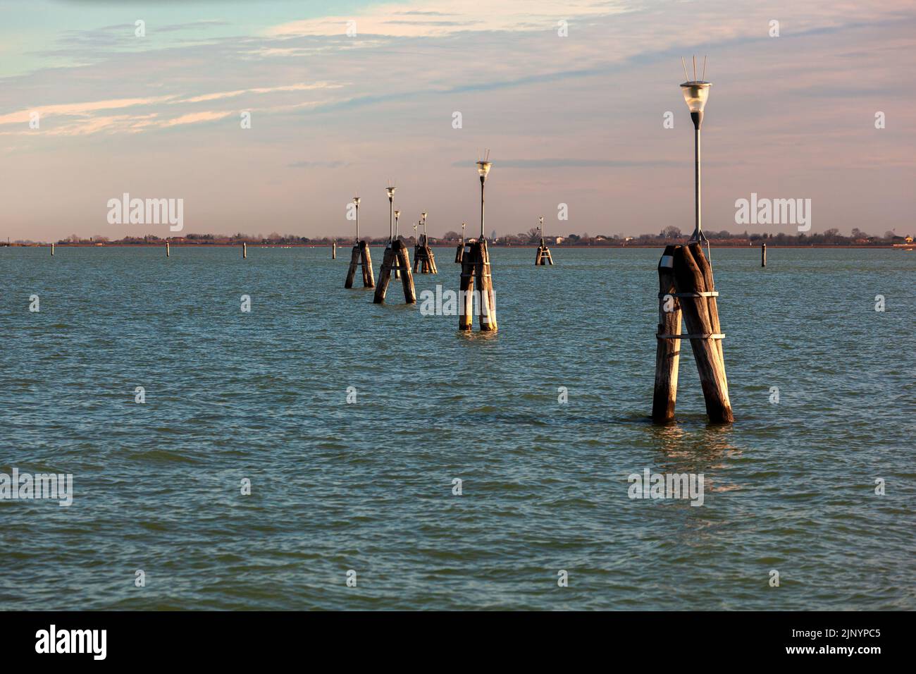 The Typical wooden poles in a Venetian lagoon, Venice Stock Photo - Alamy