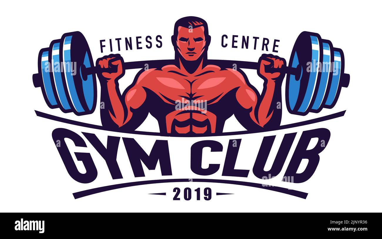 Gym club, Bodybuilding logo or sports emblem. Muscular athletic man with barbell. Fitness badge ...