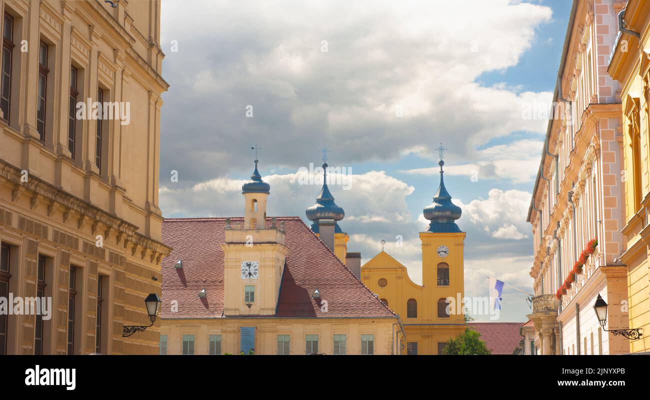 Osijek street scene in Croatia at Citadel with St Michael Church towers ...