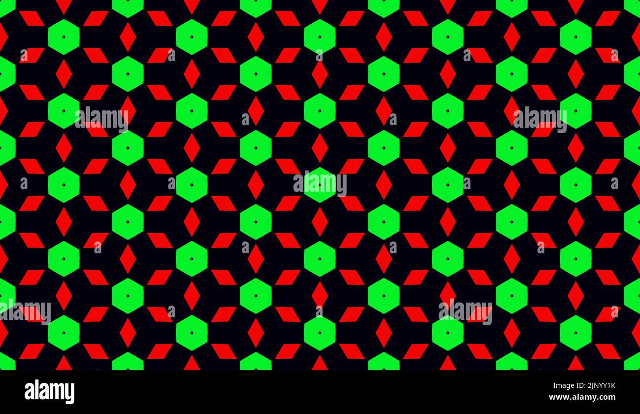 Seamless repeat pattern of shapes in red and green on a black ...