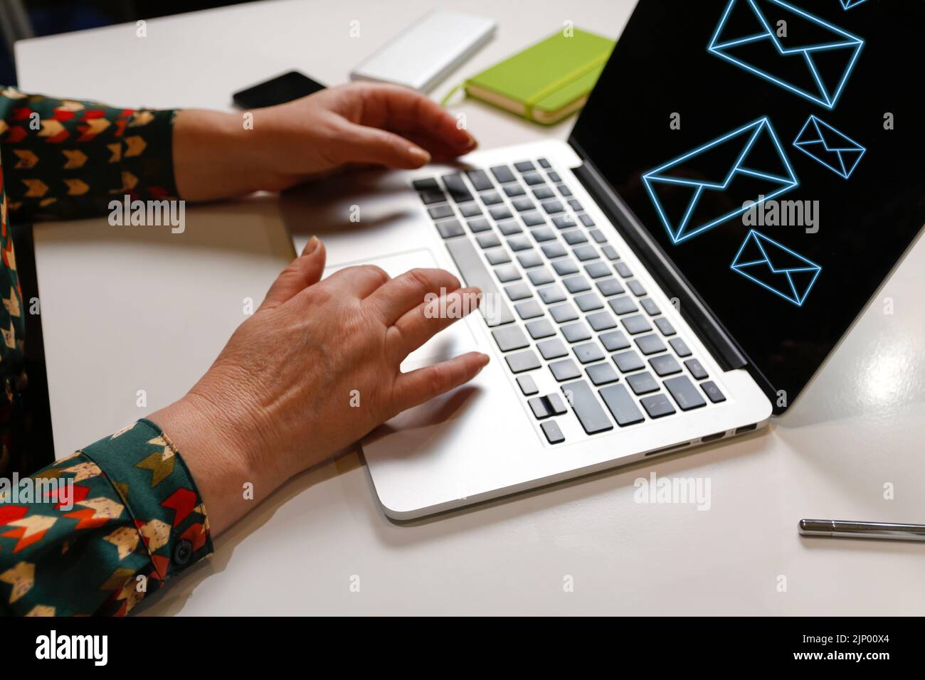 Female hand typing keyboard on laptop. Unrecognizable elegant woman ...