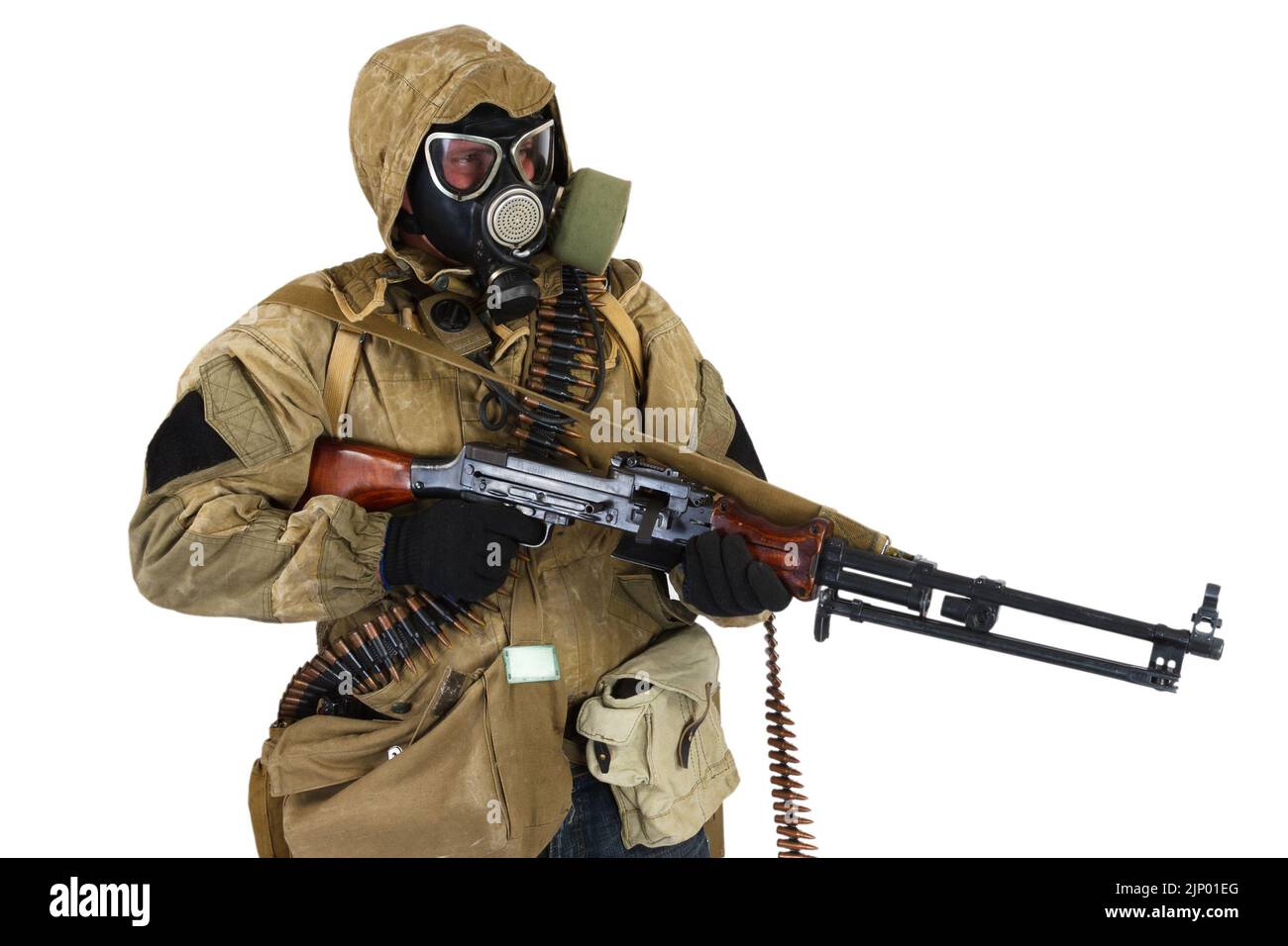 post-apocalyptic warrior in gas mask with machine gun isolated on white ...