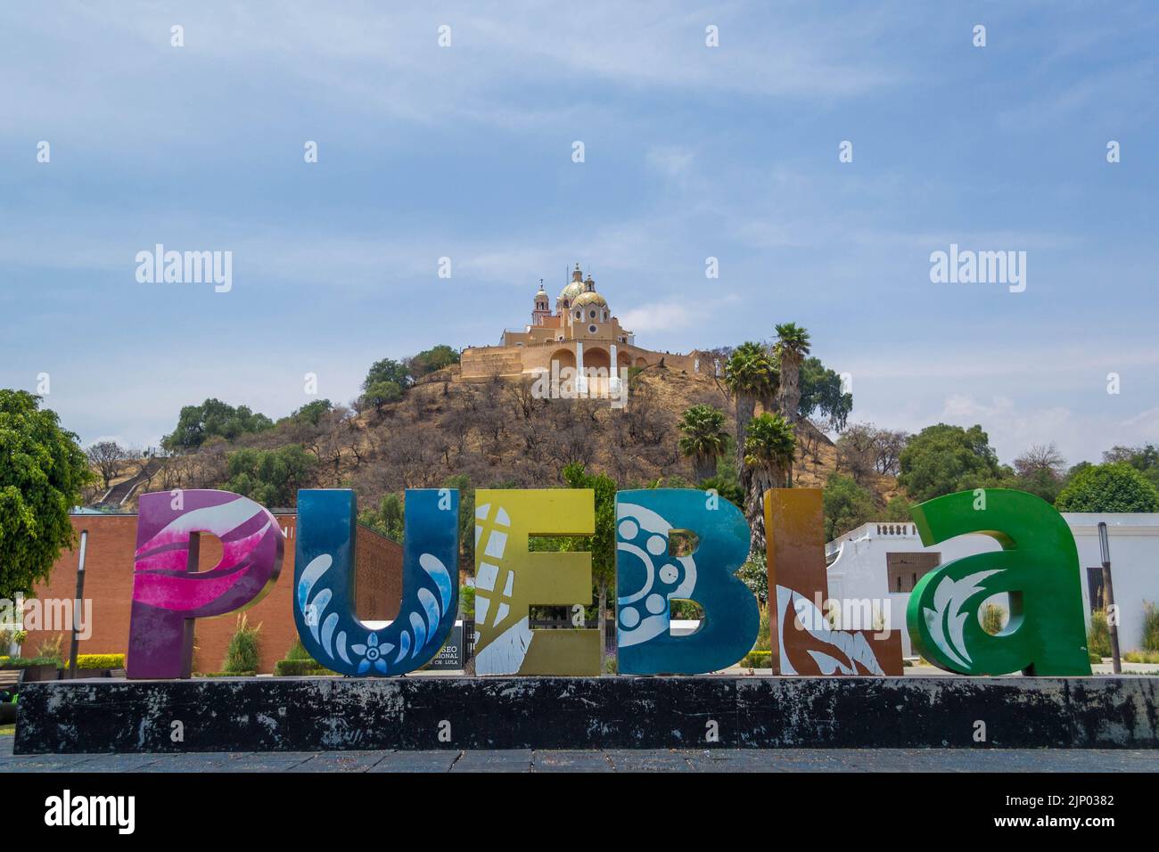 Colorful Sign for Puebla in front of the Giant Pyramid of Cholula Stock ...