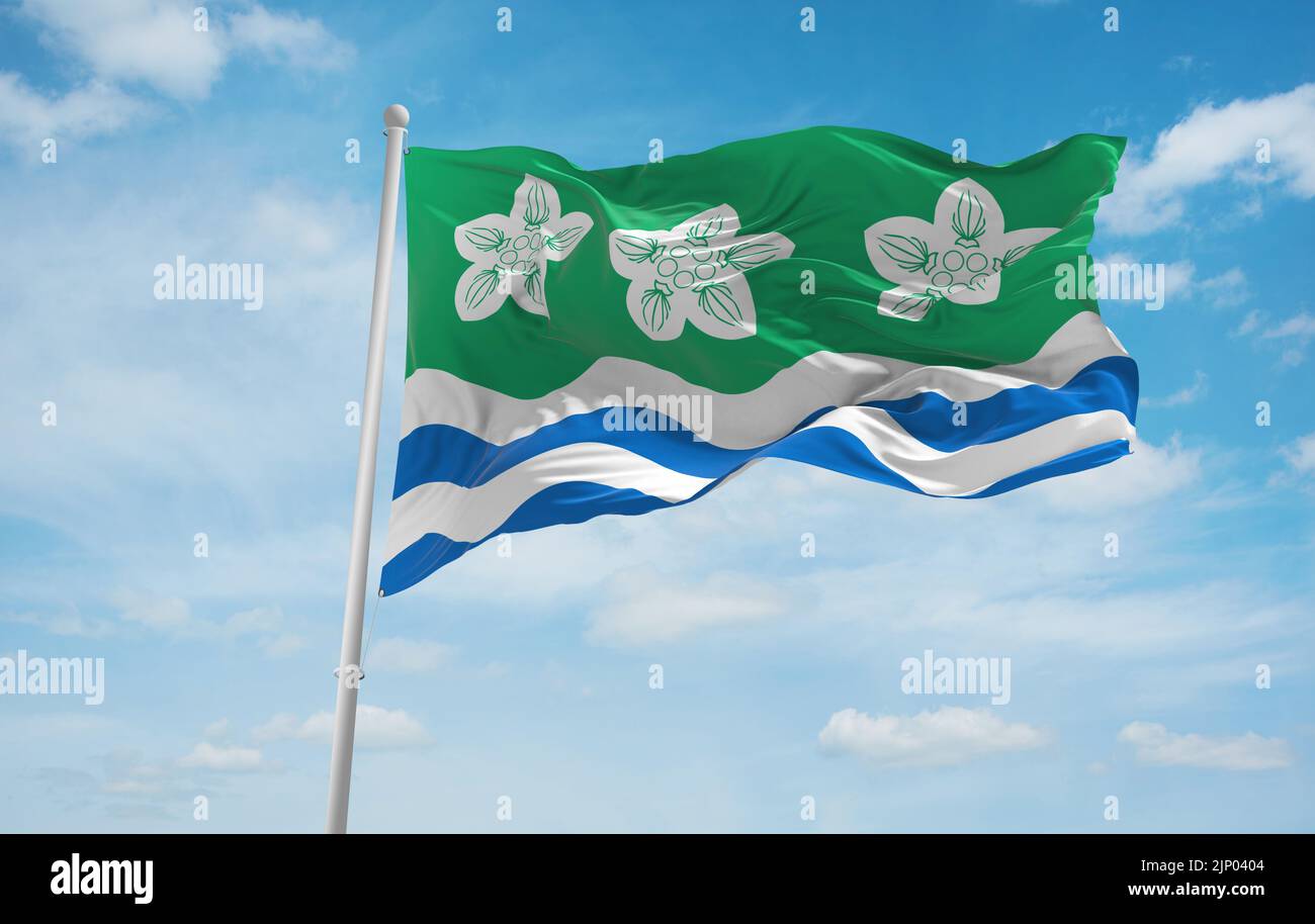 flag of Anglo-Frisian peoples Cumbrians at cloudy sky background ...