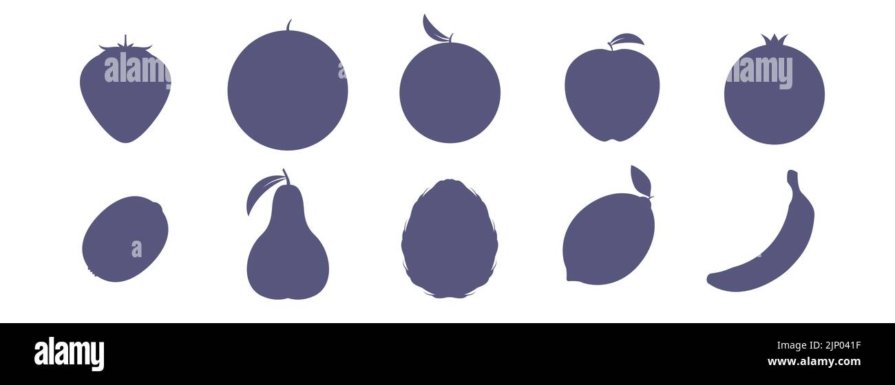 Farm and exotic fruits whole silhouette set. Flat vector illustration ...