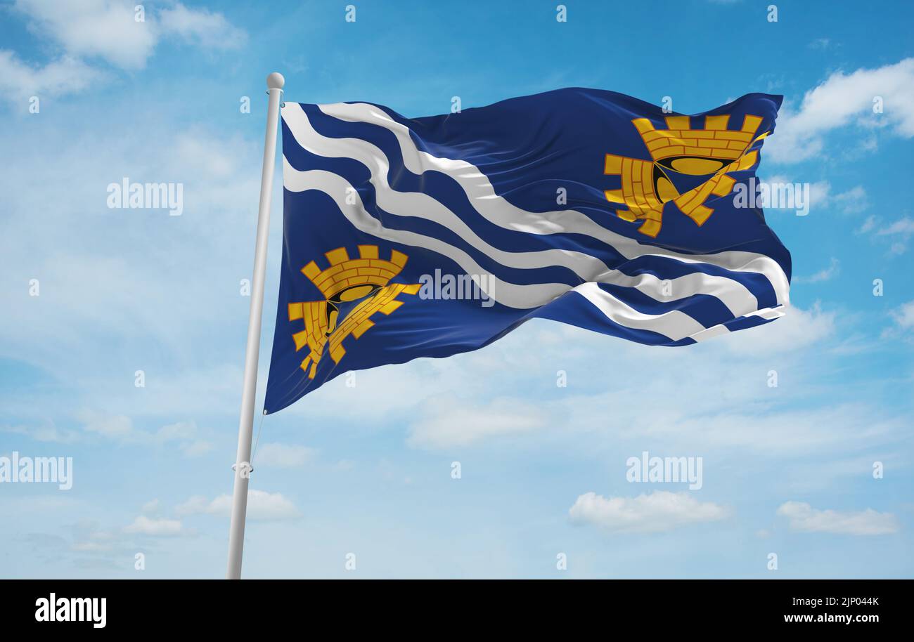 flag of Anglo-Frisian peoples Scousers at cloudy sky background ...