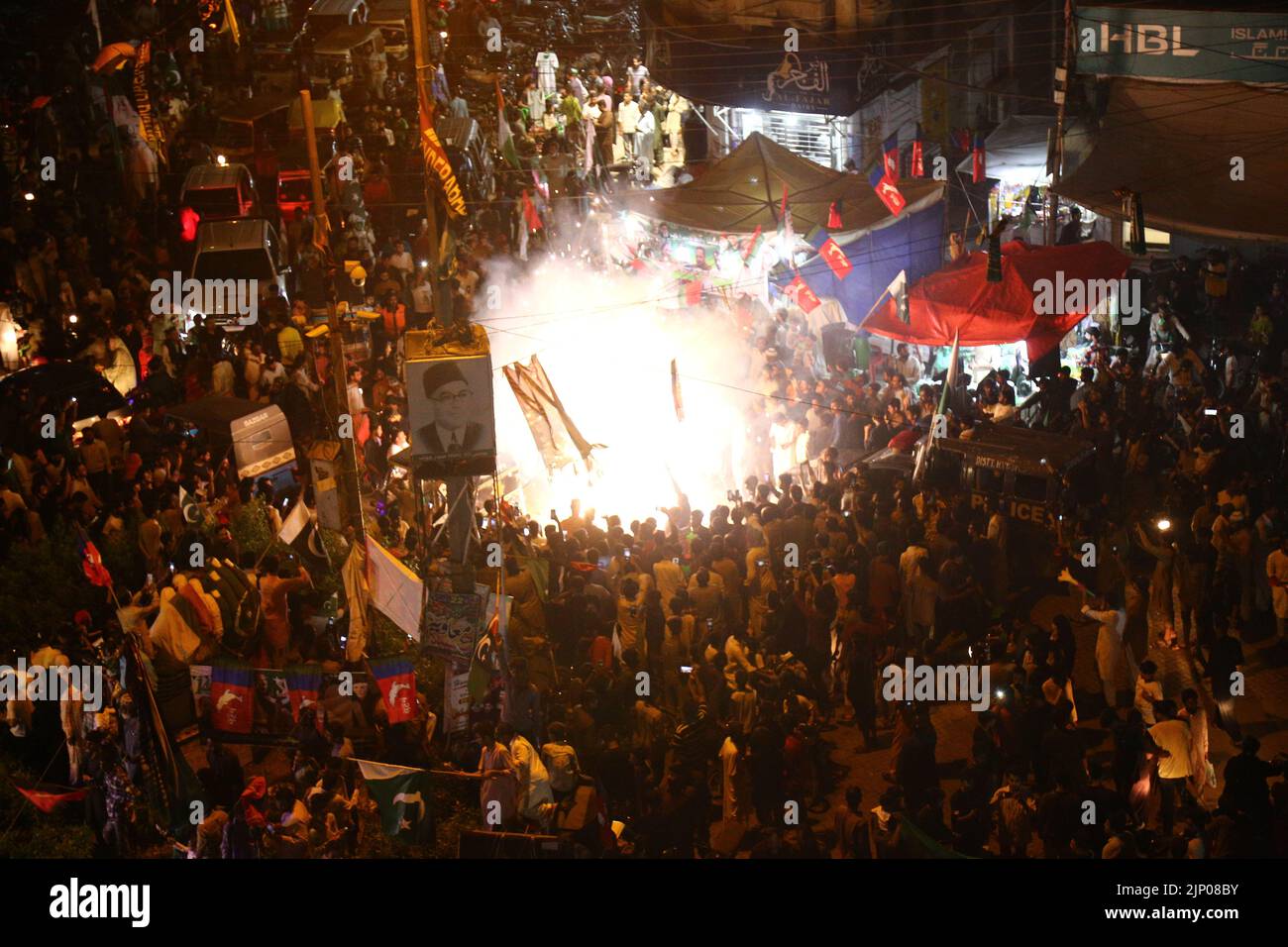 Hyderabad, Sindh, Pakistan. 14th Aug, 2022. A view of a fire works ...